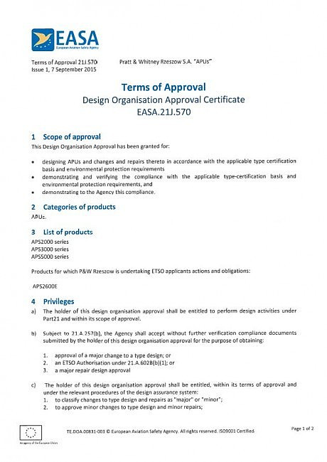 Quality certificates - Pratt & Whitney Rzeszów